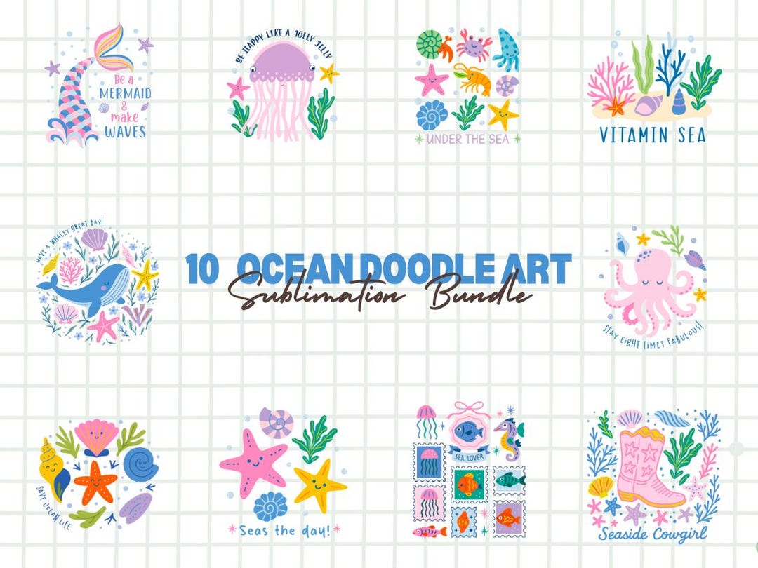 Ocean Doodle Art Sublimation Bundle | Sea Life Clipart | Beach and ...