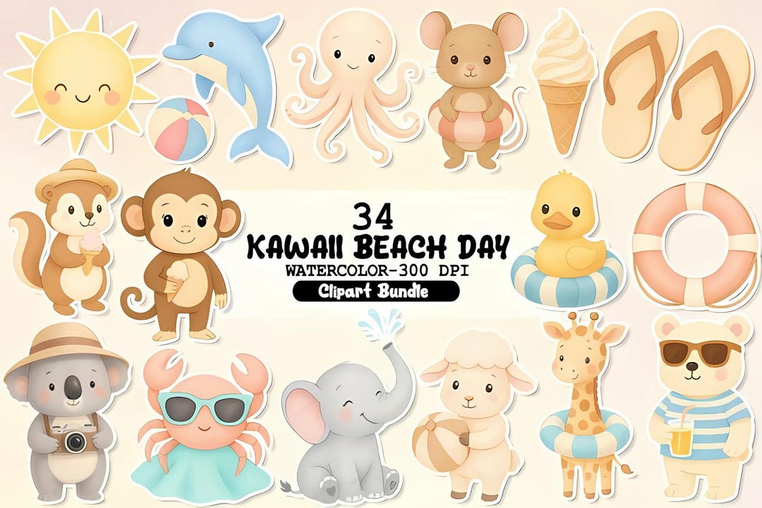 Kawaii Beach Day Clipart Bundle. Beach Holiday Clipart, Ocean Clipart ...