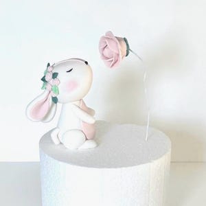 Fondant White Bunny Cake Topper Smelling a Rose, Rabbit Cake Topper ...