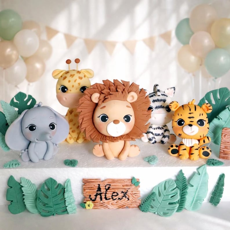 Safari Animal Cake Topper, Jungle Fondant Birthday Party Decorations ...