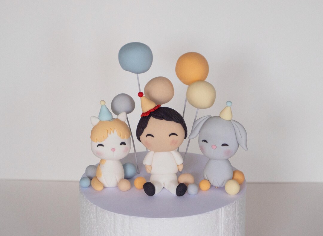 Fondant Boy Cake Topper, With Cat and Bunny in Birthday Party Hats ...