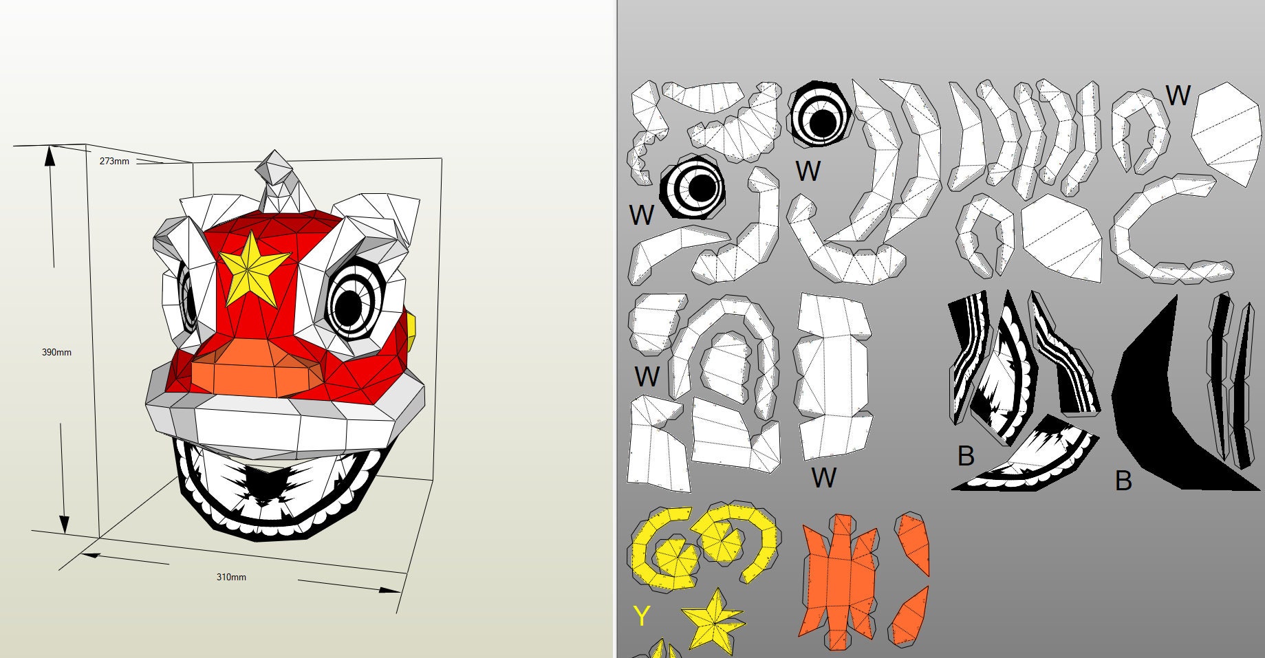 Dance Lion Mask, Papercraft, DIY, Low Poly, Mask, PDF Papercraft ...