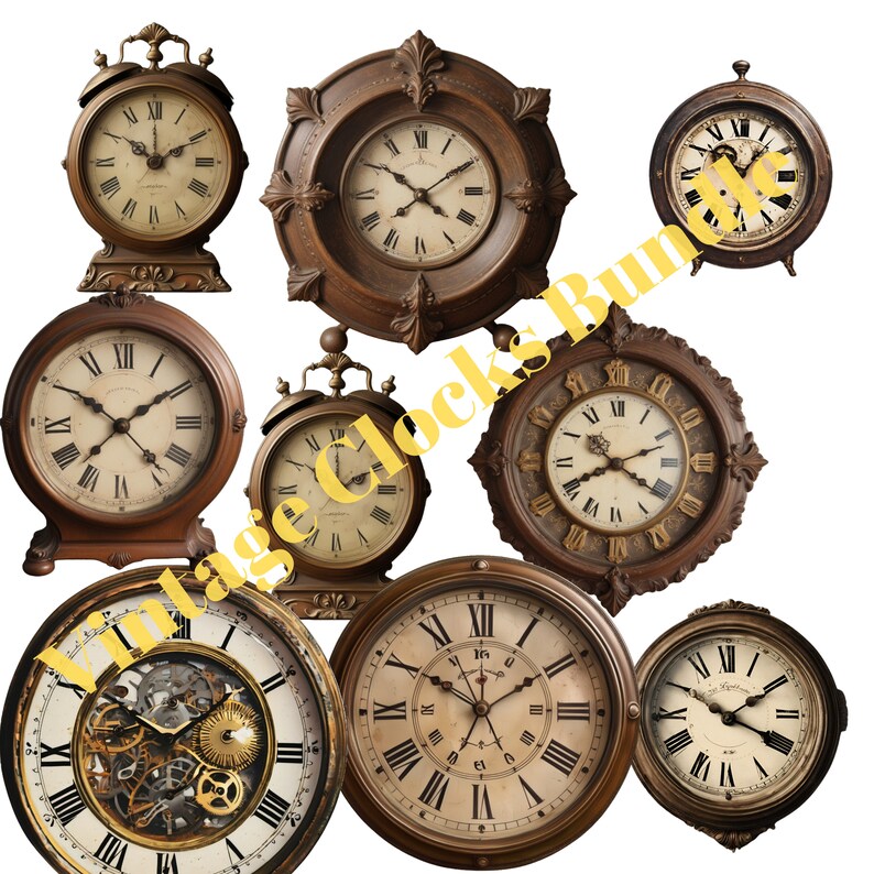 Vintage Clock Bundle, Set of 10 Antique Clock Face Clipart Bundle ...