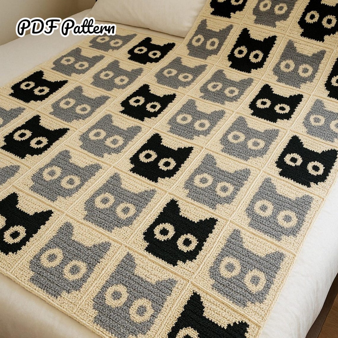 Easy Cat Face Crochet Square Pattern, Cat Face Crochet Pattern, 30x30 ...