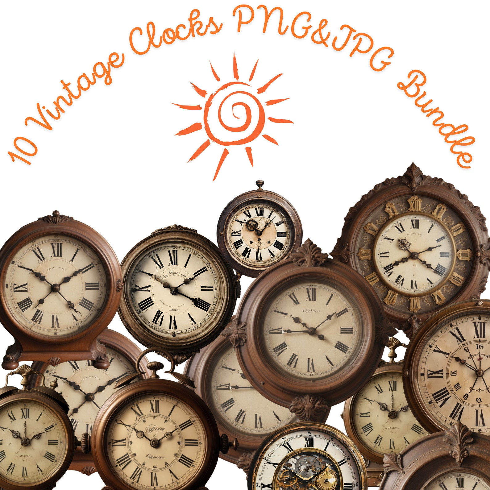 Vintage Clock Bundle, Set of 10 Antique Clock Face Clipart Bundle ...