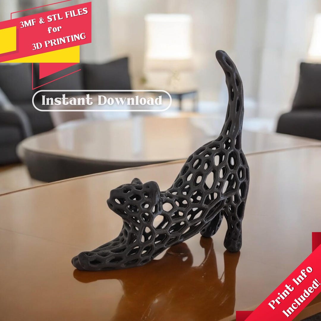 Voronoi Cat - STL&3MF Files, Geometric Cat Sculpture, Feline Home Decor ...