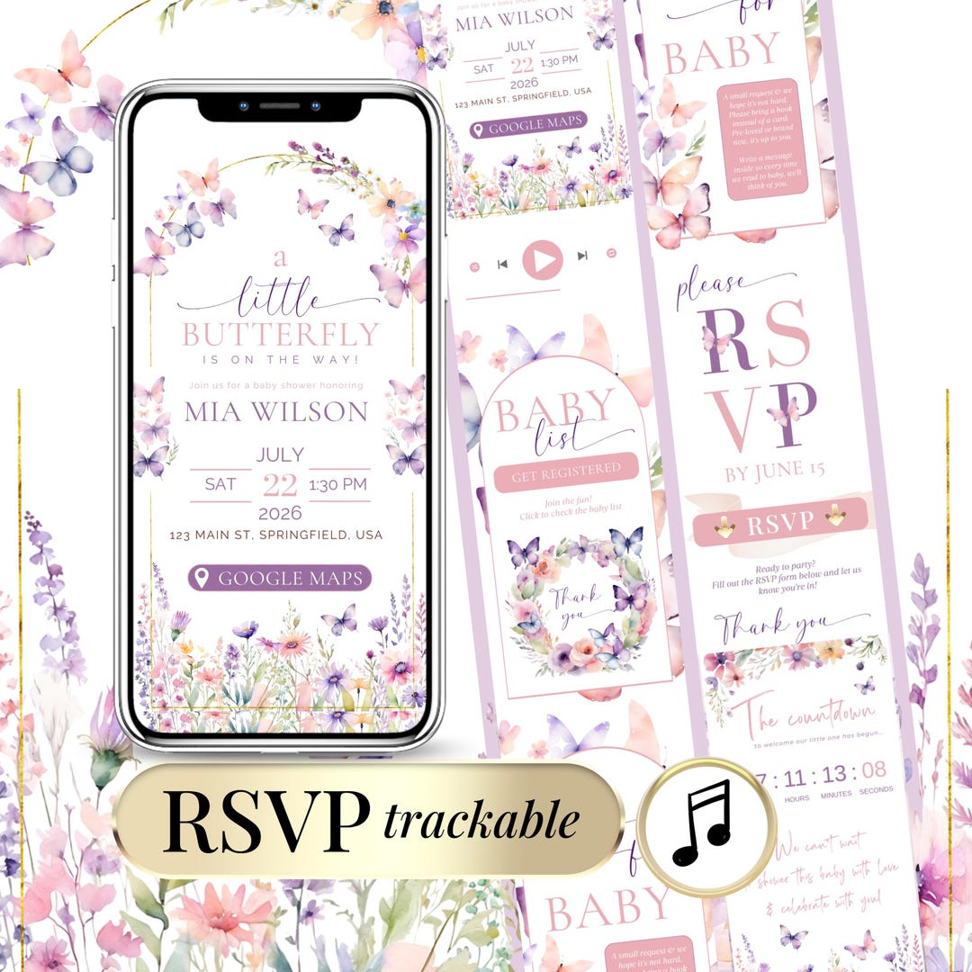 Digital Baby Shower Invitation Girl – Butterfly Pink Wildflower Baby ...