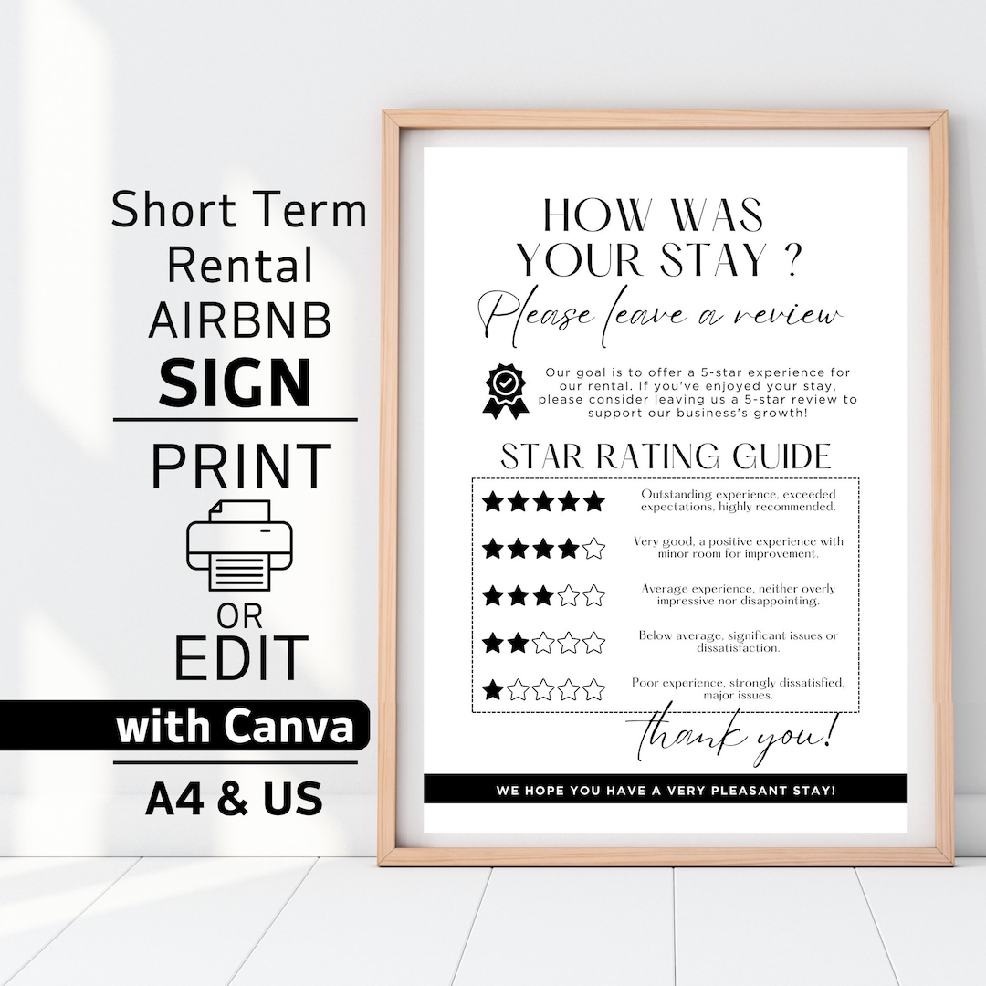 Airbnb Sign, Airbnb Star Rating Sign Clear Explanation for Vacation ...