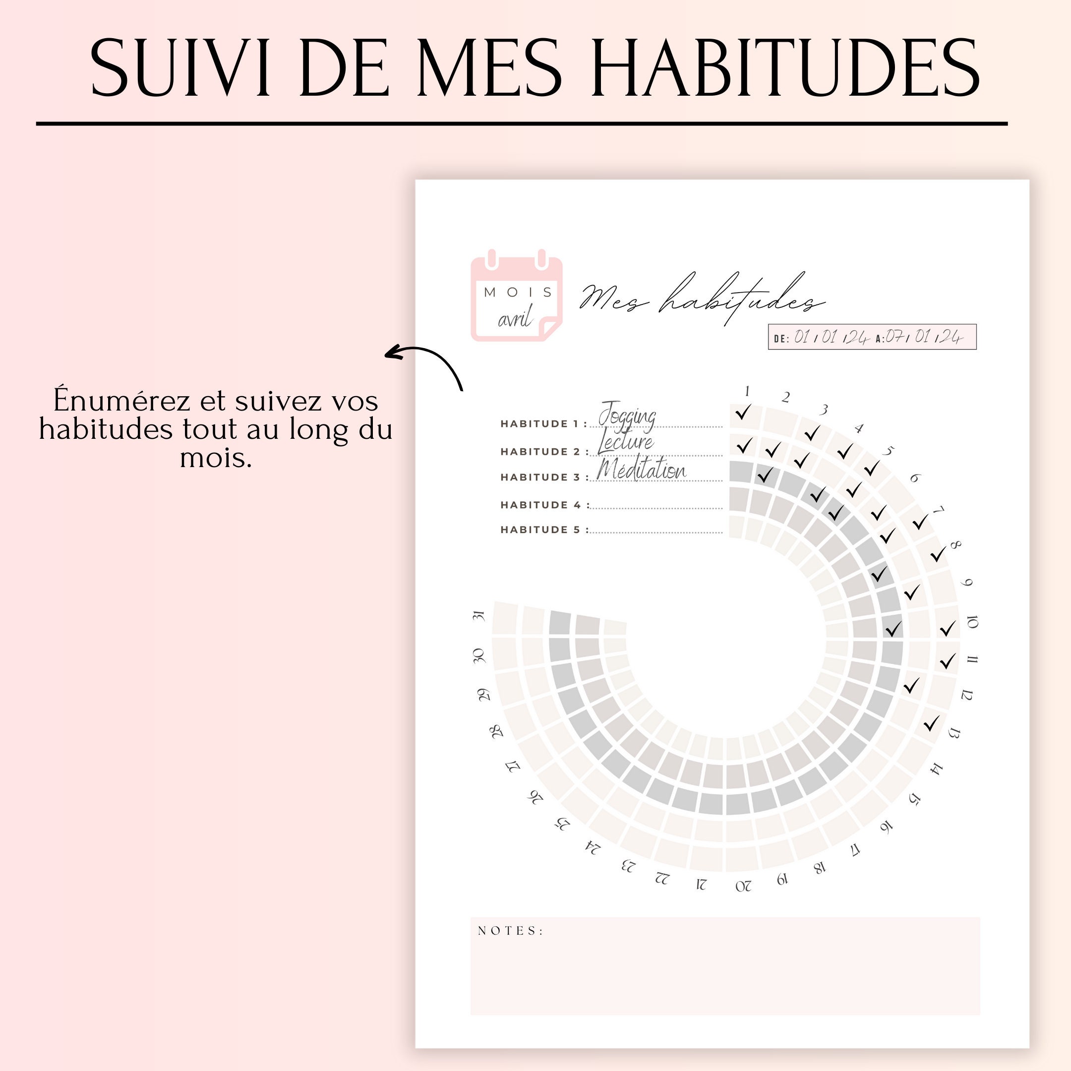 Tracker d'habitudes mensuelle, Suivi d'habitudes Non Daté A4,A5 ...