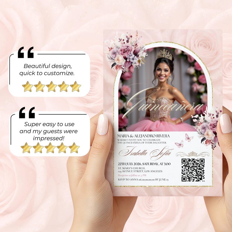 Pink Floral Quinceañera Printable Invitation With QR Code, Sweet 16 ...