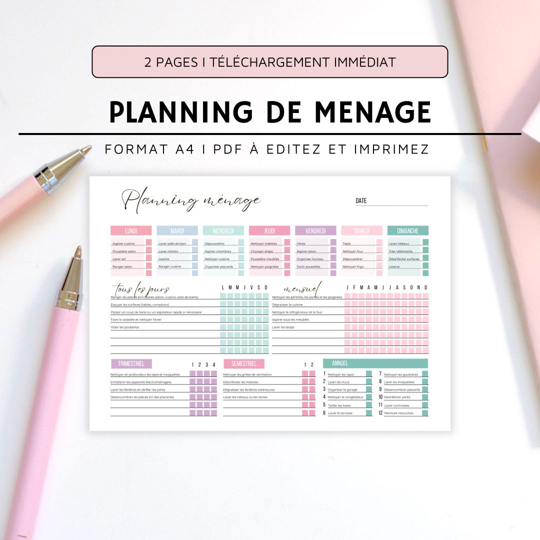 Planning Ménage Français, Check-list Nettoyage, 2 PDF A4, Checklist ...