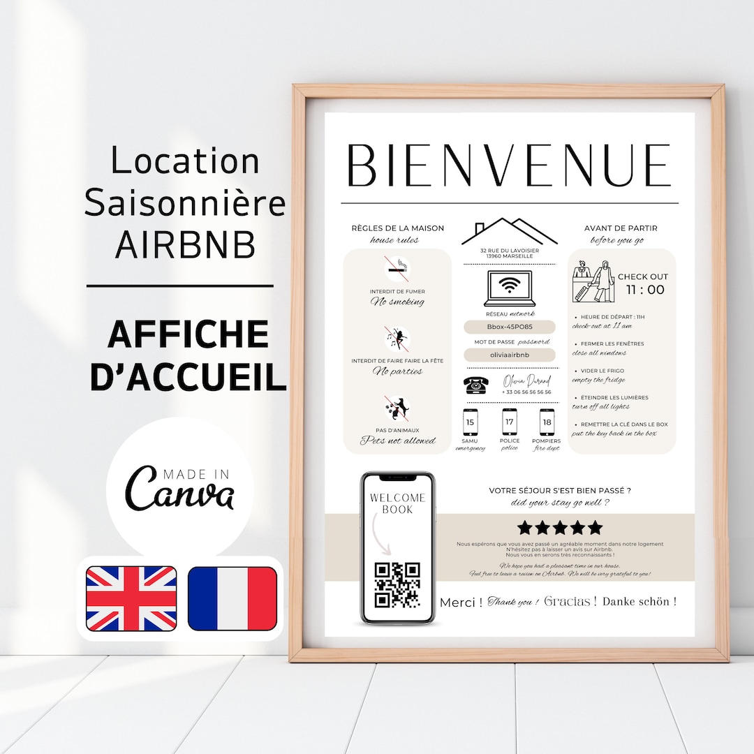 Airbnb Affiche de Bienvenue en français et anglais, Template Canva ...