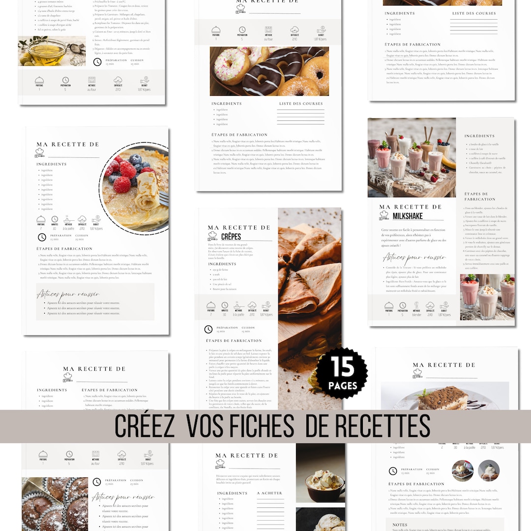 Recipe Card in French, 15 Pages in A4 Format, Canva Template to ...