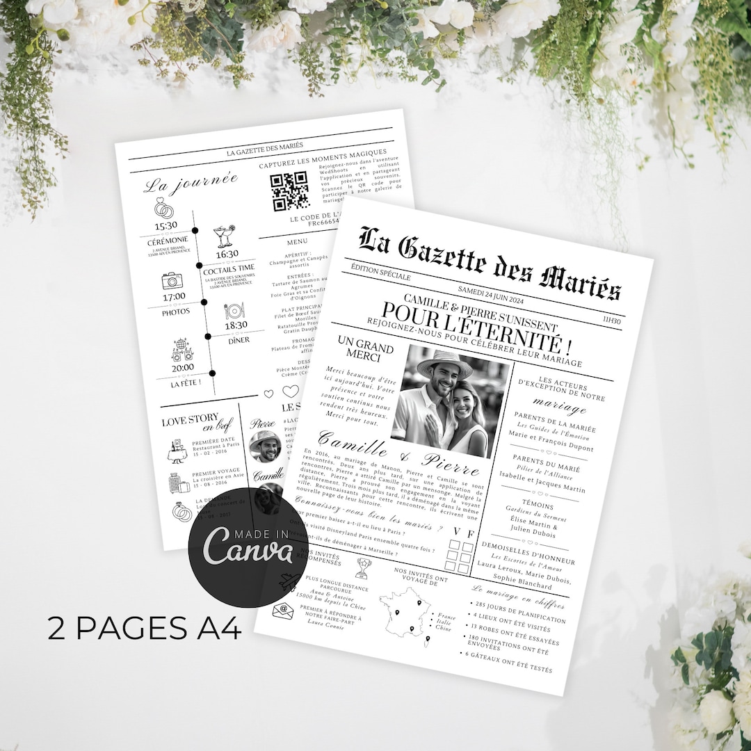 Gazette des Mariés Modèle Faire Part Mariage Template Canva Invitation ...