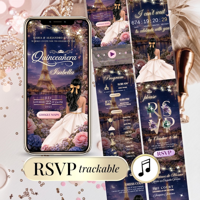 Quinceañera Invitation Paris by Night | Sweet 16 Digital Invitation ...