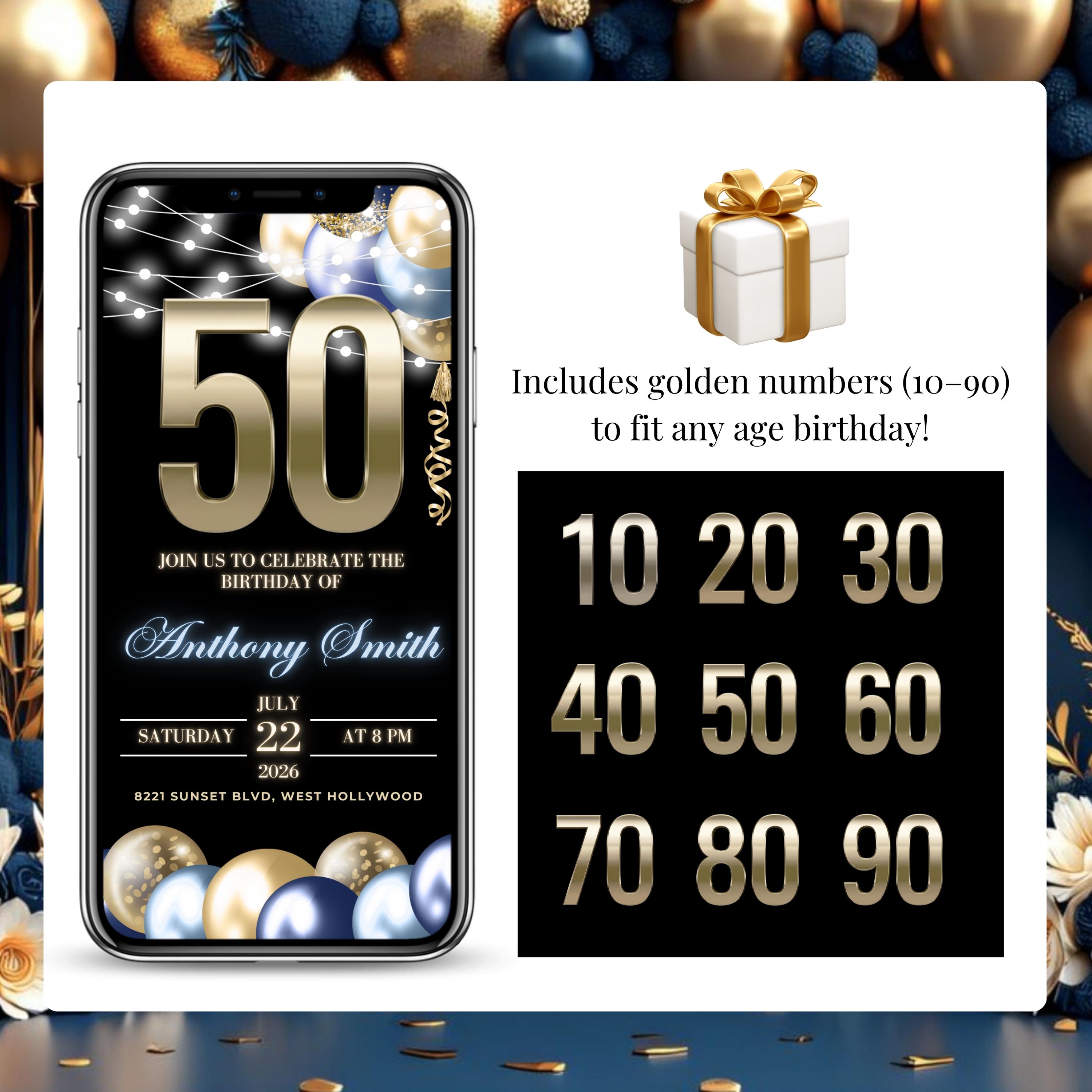 50th Birthday Invitation Template – Elegant Black Gold Blue Party ...