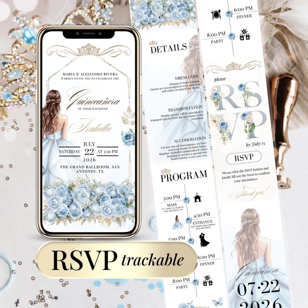 Light Blue Quinceanera Invite Digital Editable Floral Template for ...