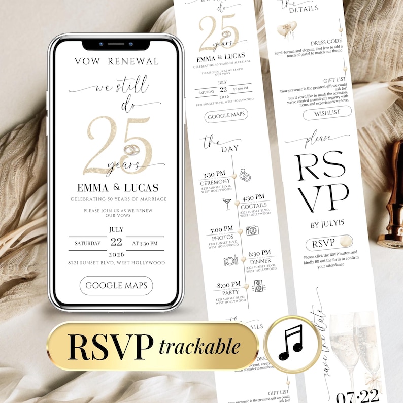 Editable 25th Wedding Anniversary Vow Renewal Digital Invitation With ...