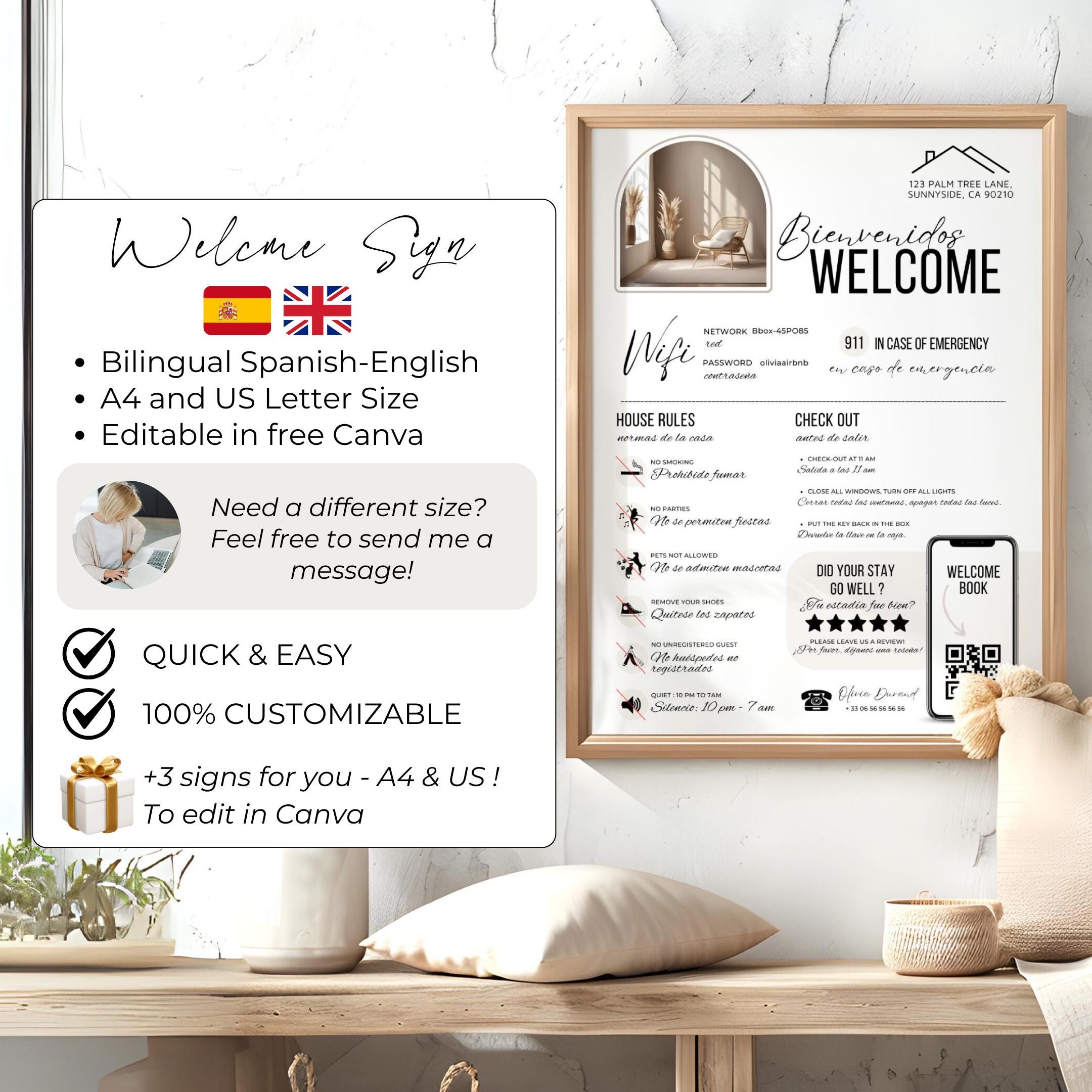 Bilingual Airbnb Welcome Sign Template – Editable Canva Printable ...