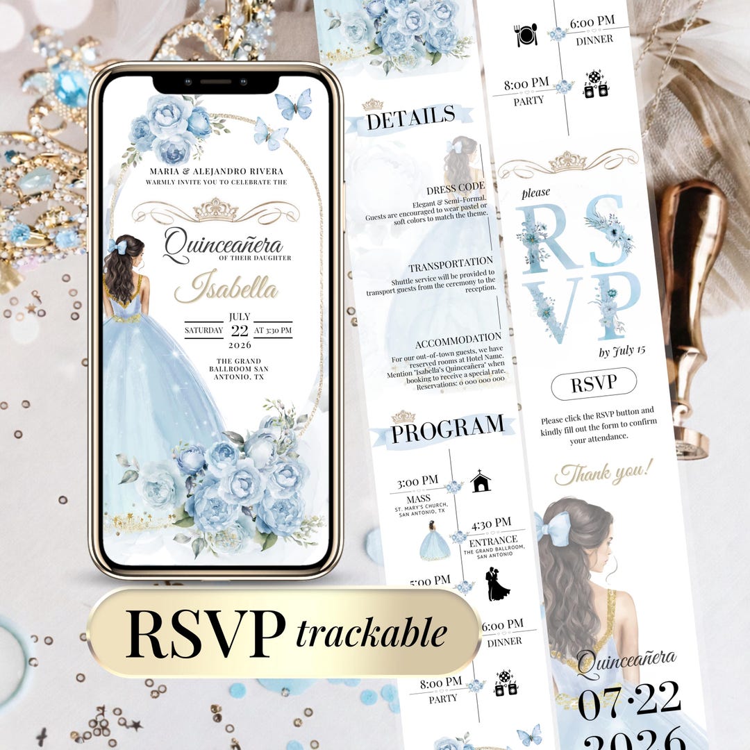 Light Blue Quinceanera Digital Invitation Editable Floral Template 15th ...