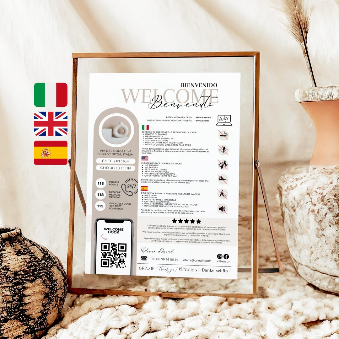 Trilingual Airbnb Welcome Sign Template – Editable Canva Poster in ...