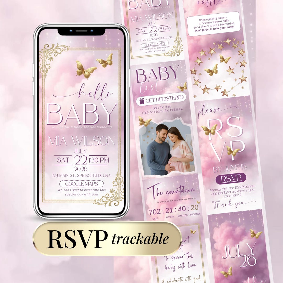 Butterfly Baby Shower Invitation Girl – Pink Purple Floral Cloud ...
