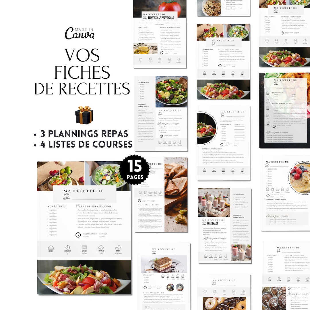 Recipe Card Template in French, 15 Pages in A4 Format, Customizable ...