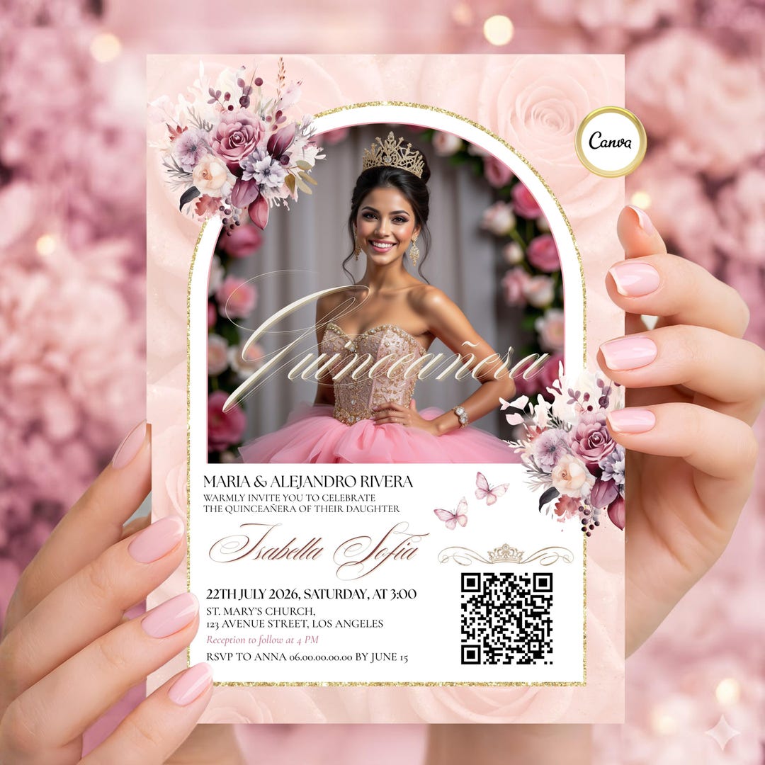 Pink Floral Quinceañera Printable Invitation With QR Code, Sweet 16 ...