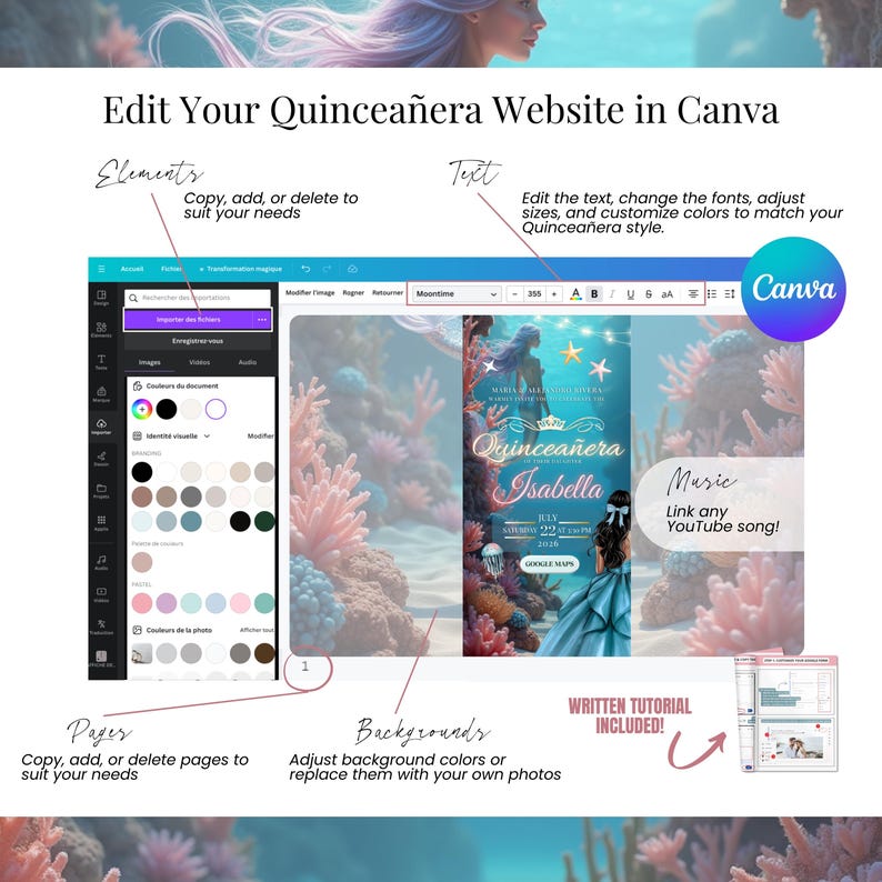 Quinceañera Digital Invitation Website – Ariel Little Mermaid Under the ...