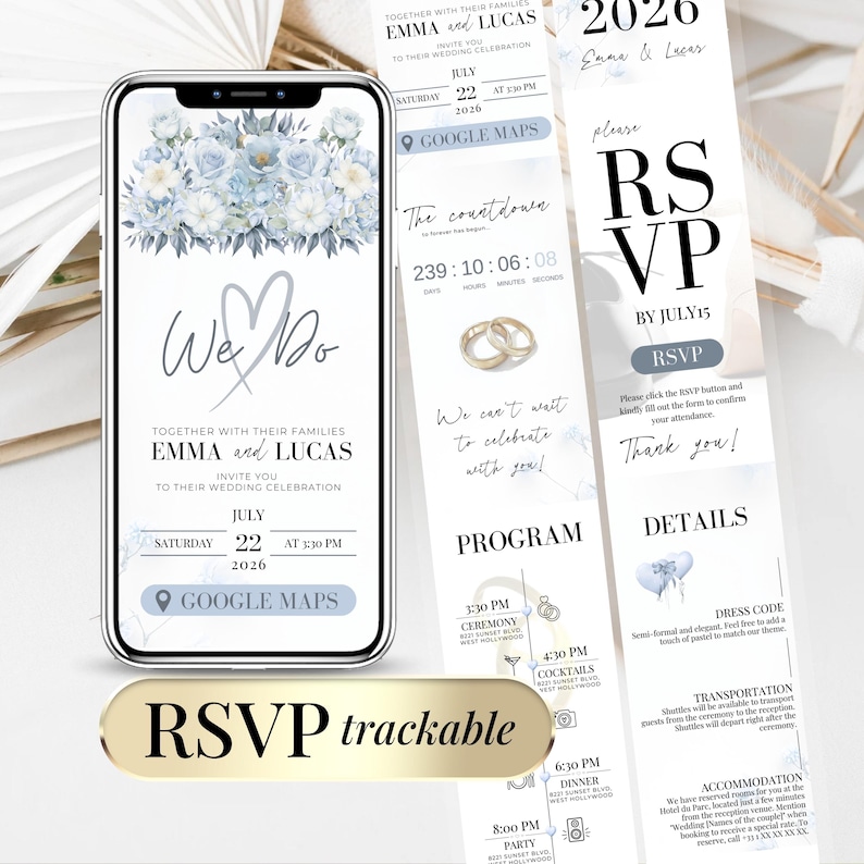 Digital Wedding Invitation With RSVP Link – Customizable Blue Online ...