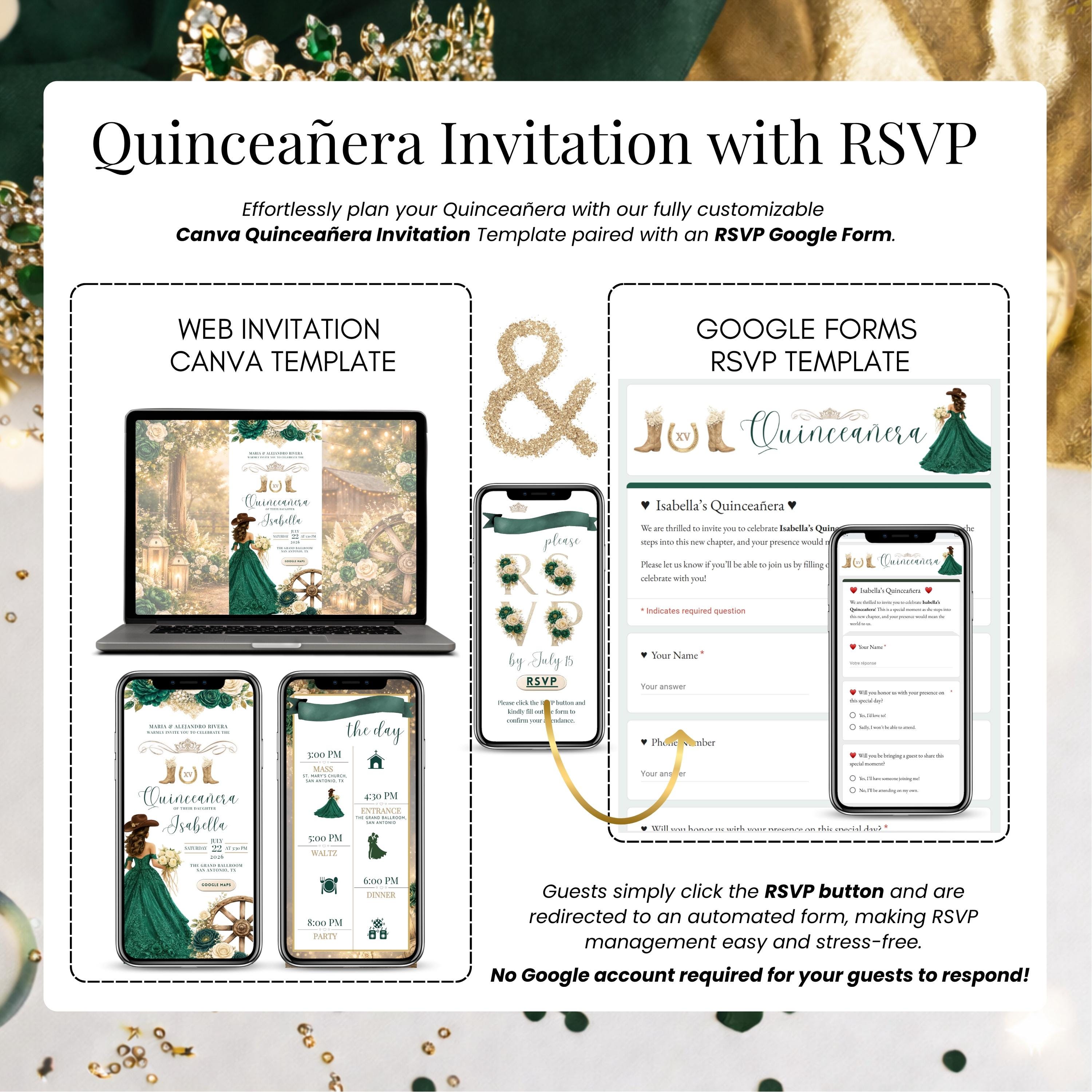 Emerald Green Quinceañera Invitation With RSVP Link, Western Princess ...