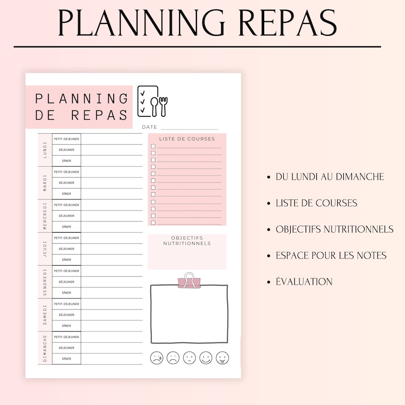 Planning repas semaine imprimable Portait, Planificateur Journal alimentaire, Suivi des repas ...
