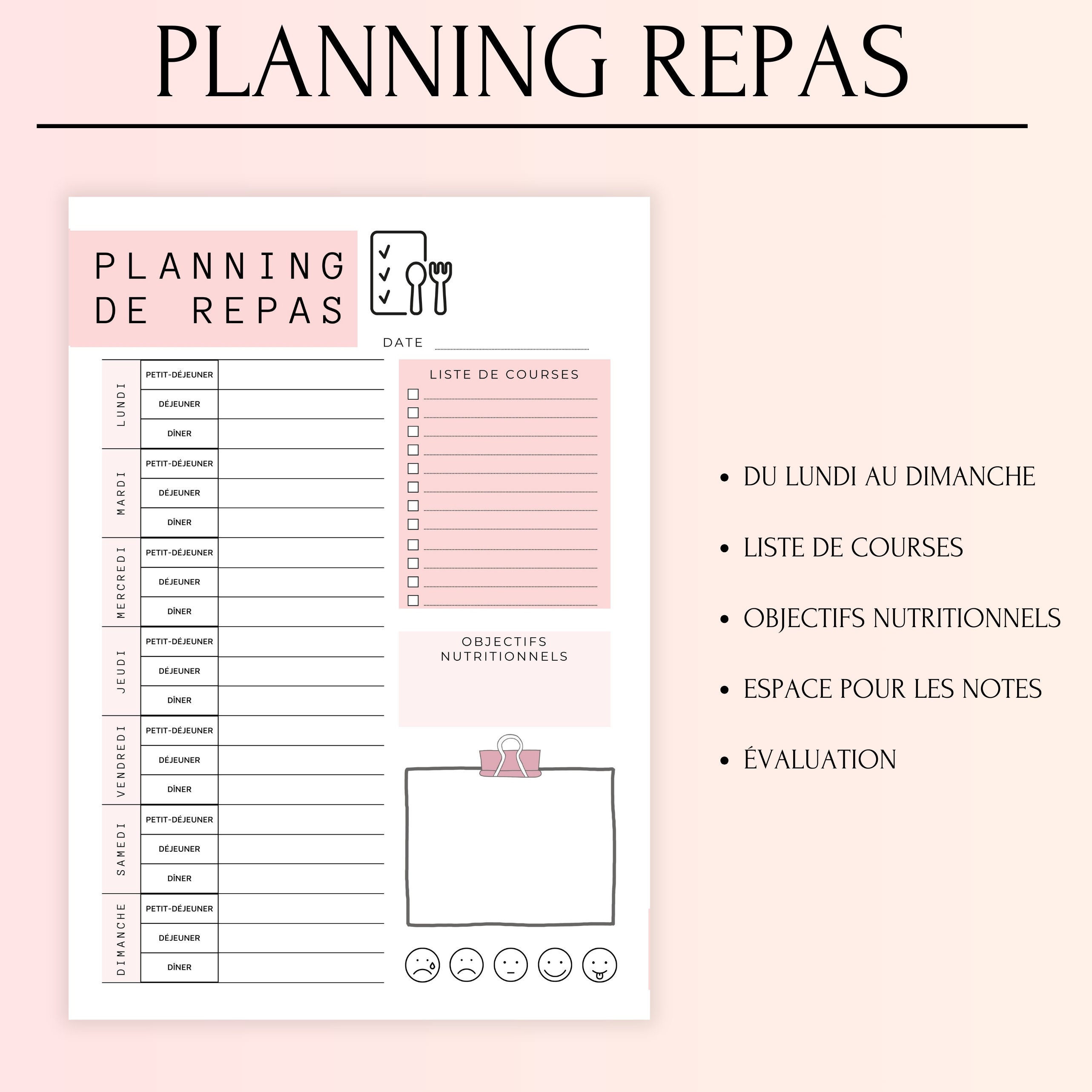 Planning repas semaine imprimable Portait, Planificateur Journal ...