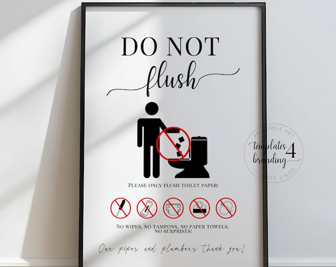 Flush Only Toilet Paper Sign | Airbnb Bathroom Sign | Septic System Sign | (US Letter, A4, 5x7 ...