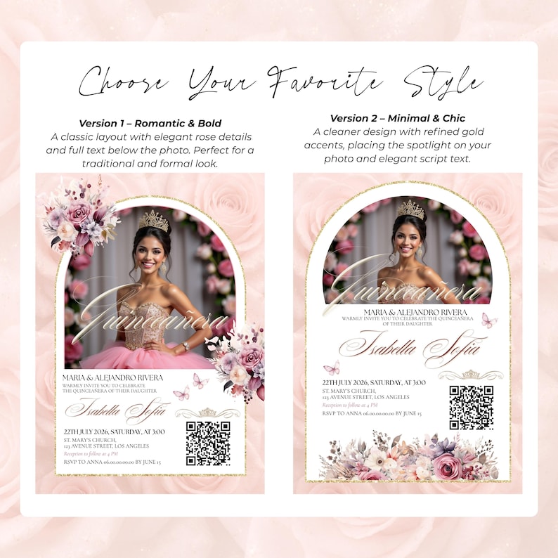 Pink Floral Quinceañera Printable Invitation With QR Code, Sweet 16 ...