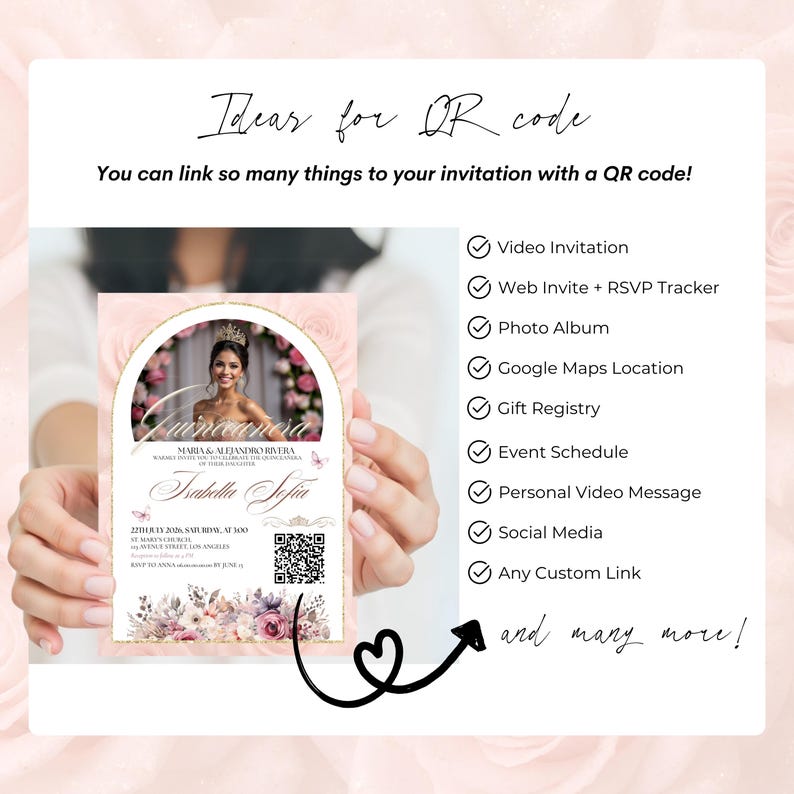 Pink Floral Quinceañera Printable Invitation With QR Code, Sweet 16 ...