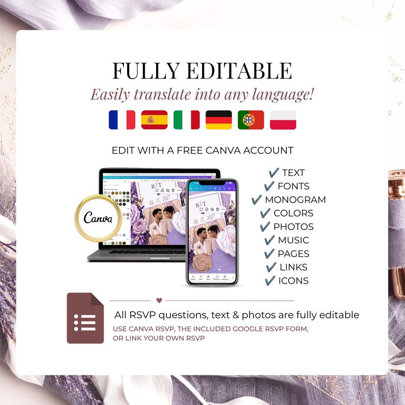 Purple Lavender Wedding Website Invitation With Music & RSVP, Digital ...
