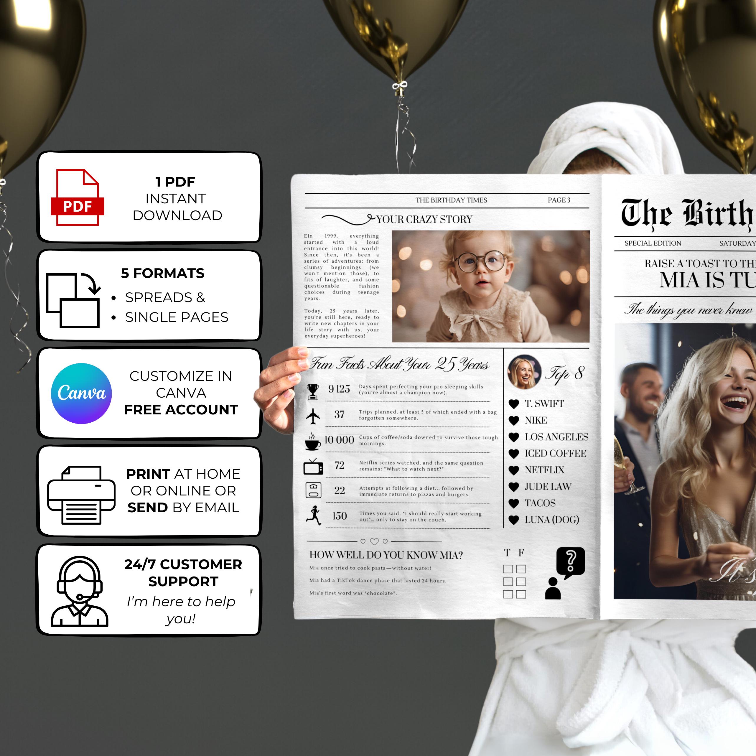 Birthday Gazette Invitation Template, Custom Canva Newspaper for ...