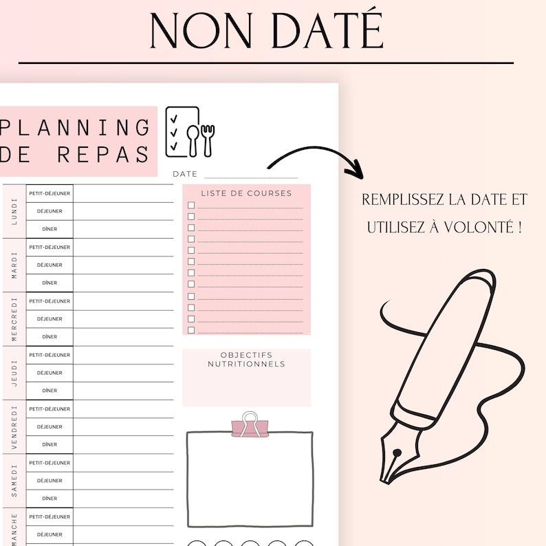 Planning repas semaine imprimable Portait, Planificateur Journal alimentaire, Suivi des repas ...