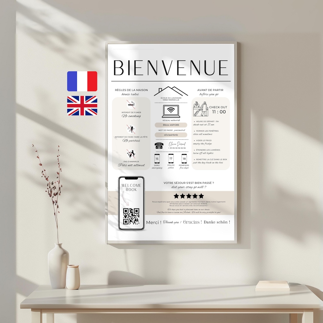 Airbnb Affiche de Bienvenue en français et anglais, Template Canva ...