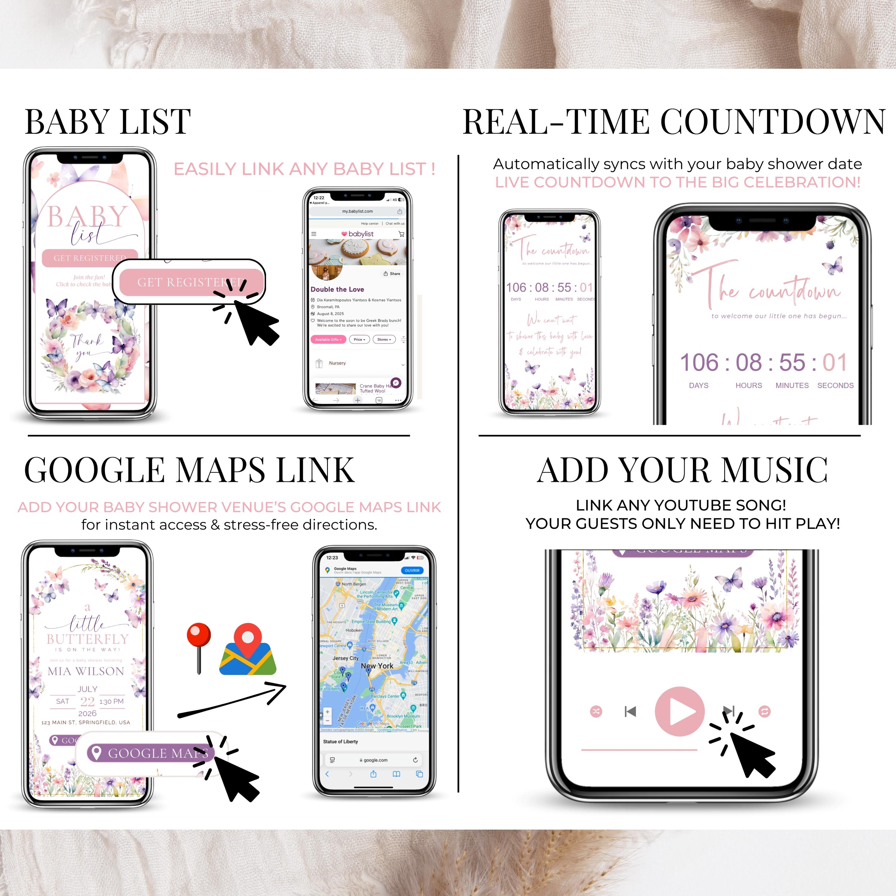 Digital Baby Shower Invitation Girl – Butterfly Pink Wildflower Baby ...