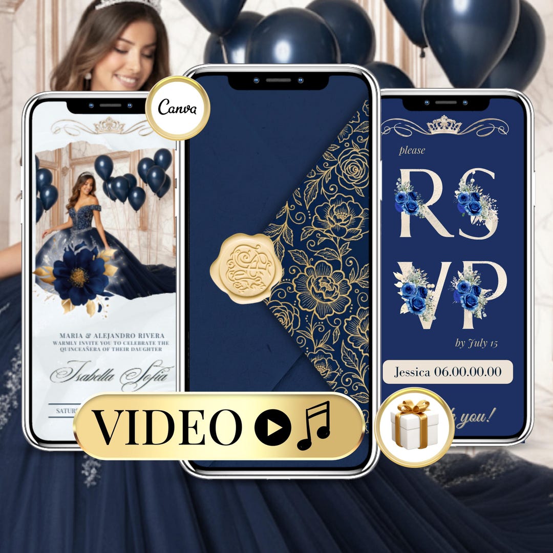 Navy Blue Quinceanera Invitation Video - Sweet 15 16 Digital Quince ...