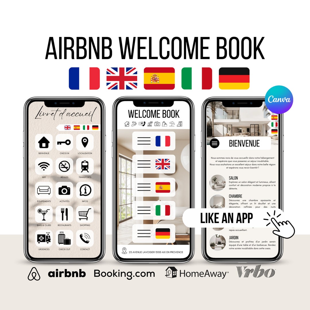 Multilingual Airbnb Welcome Book Digital Template English French ...
