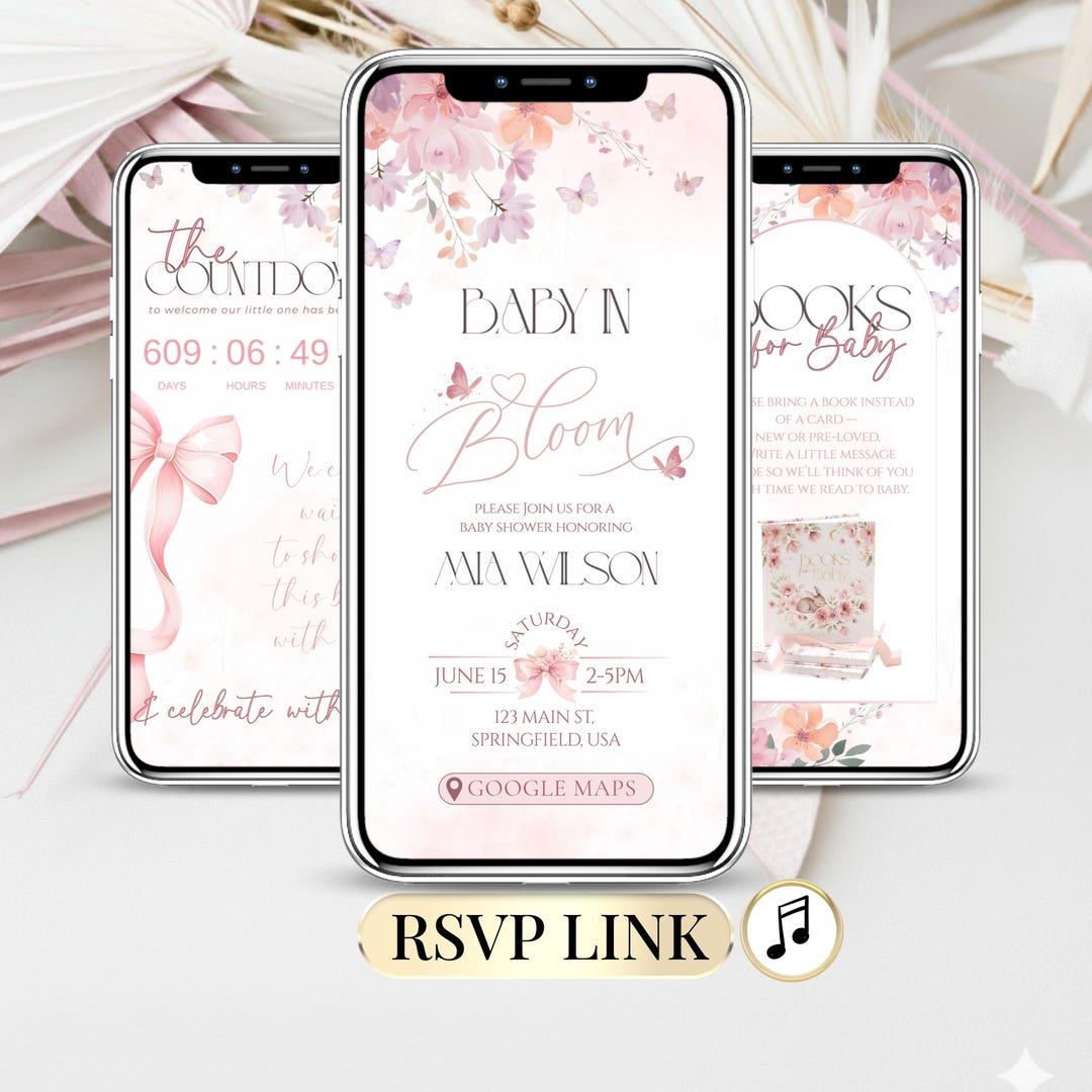 Baby in Bloom Digital Baby Shower Invitation With RSVP Link, Floral Pink Bow Invite for Girl ...