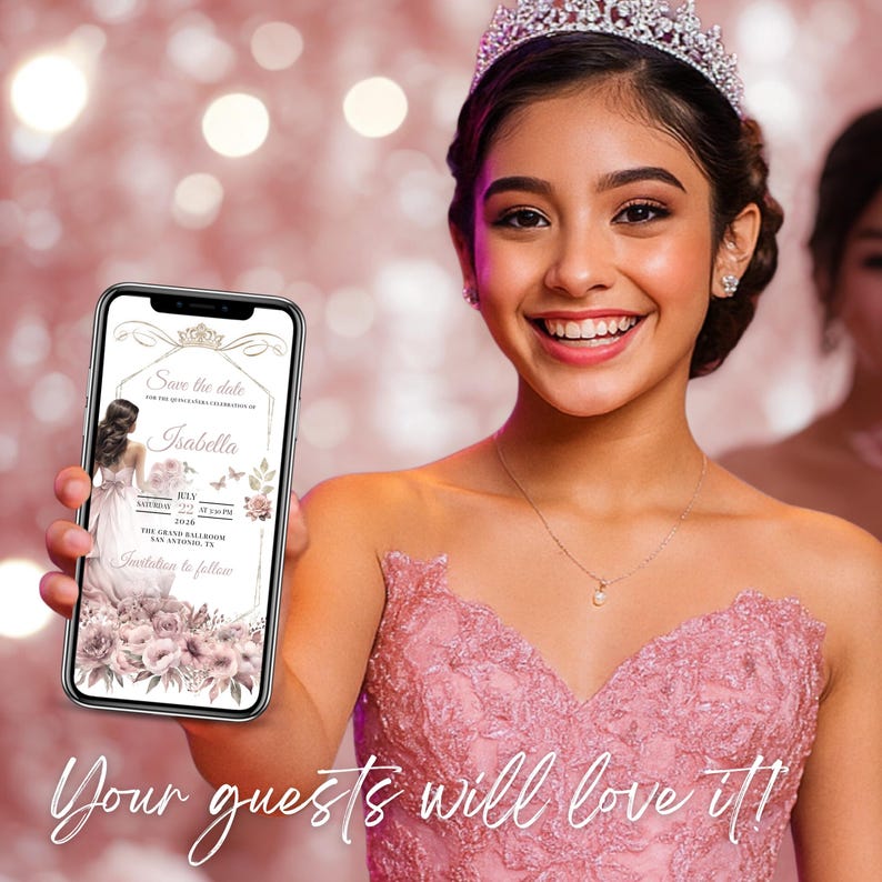 Quinceañera Save the Date Digital Dusty Pink + FREE Printed Invitation ...
