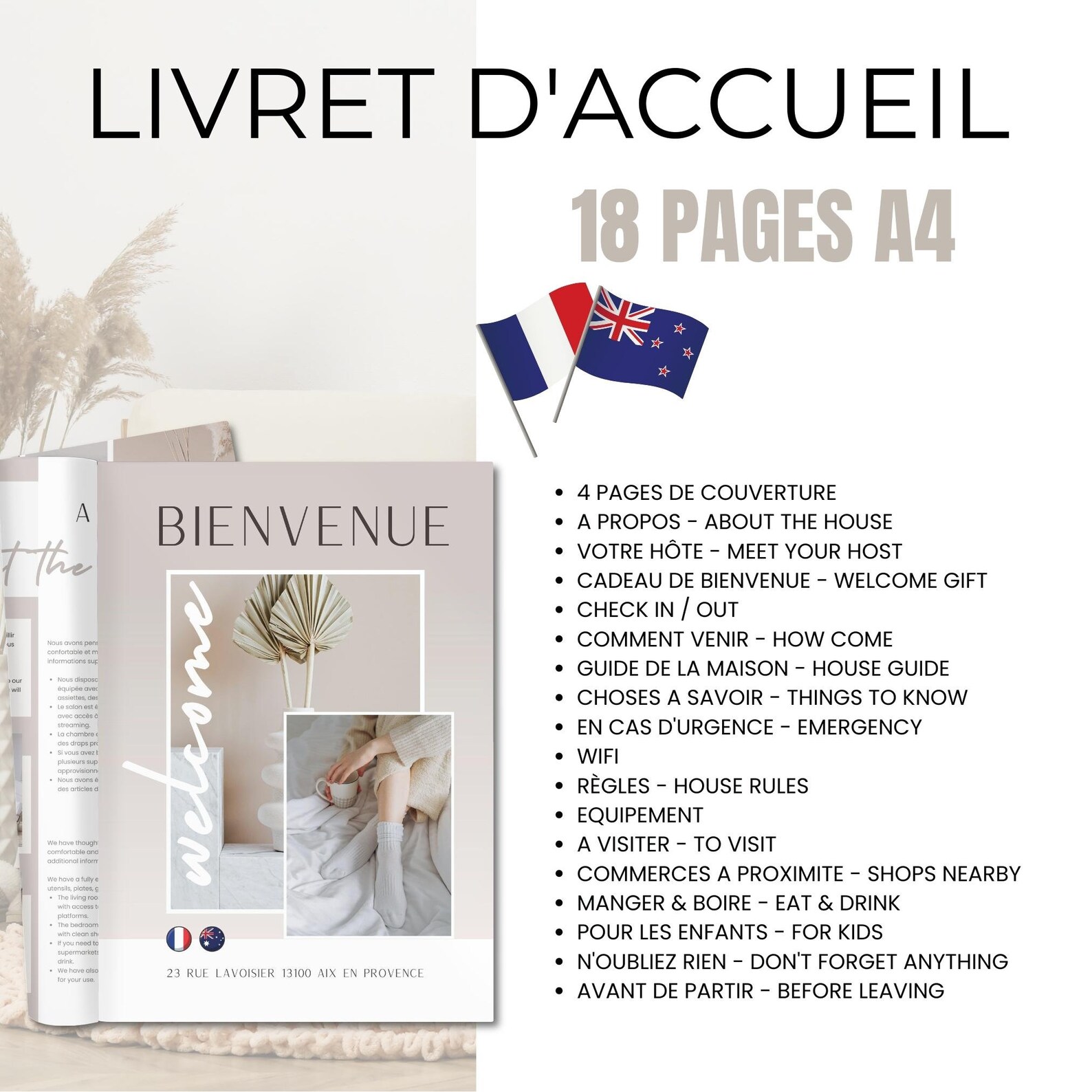 Livret d'accueil français anglais, AIRBNB, affiche de bienvenue ...