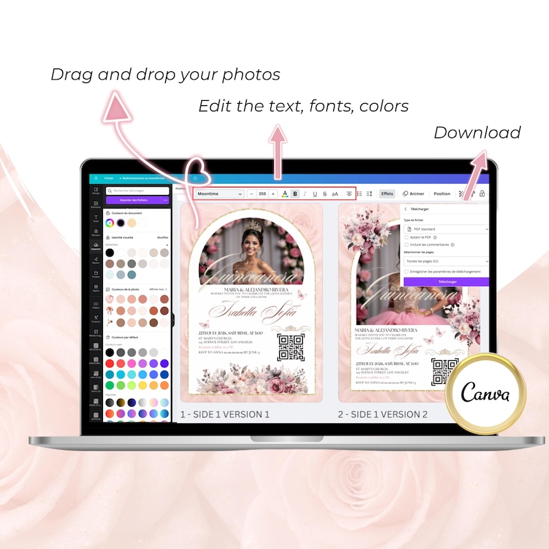 Pink Floral Quinceañera Printable Invitation With QR Code, Sweet 16 ...