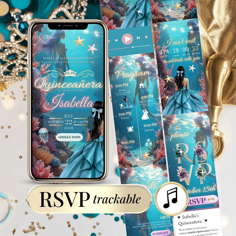 Quinceañera Digital Invitation Website – Ariel Little Mermaid Under the ...