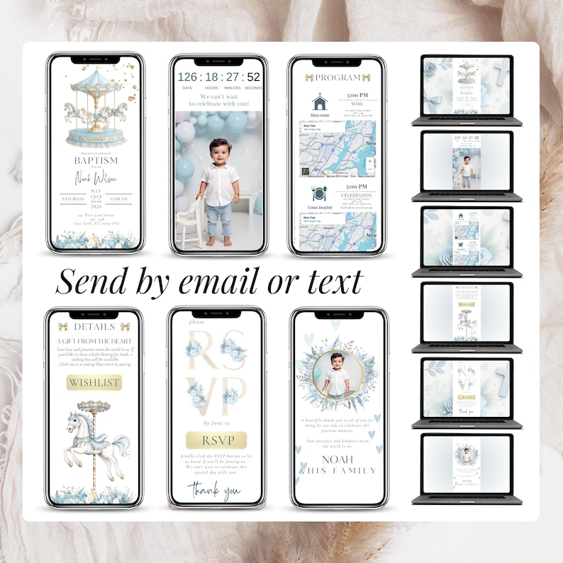 Baptism Invite Boy Blue Carousel Invitation Digital Canva Template, Boy ...