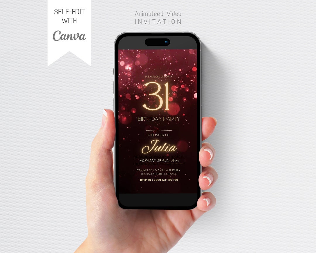 31st Birthday Phone Invitation Card, Canva Digital Birthday Invite ...